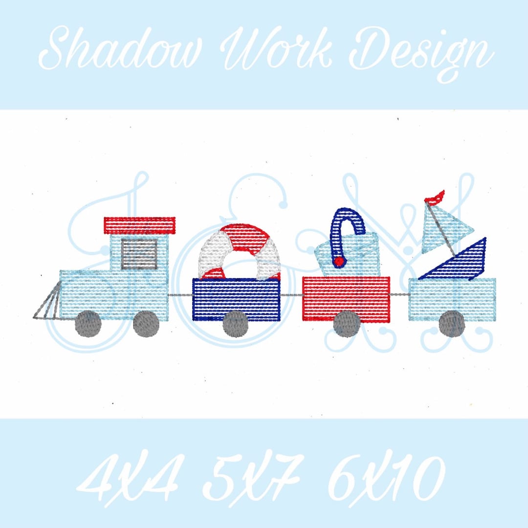 Nautical Beach Train Shadow Work and Sketch Embroidery Vintage Style ...