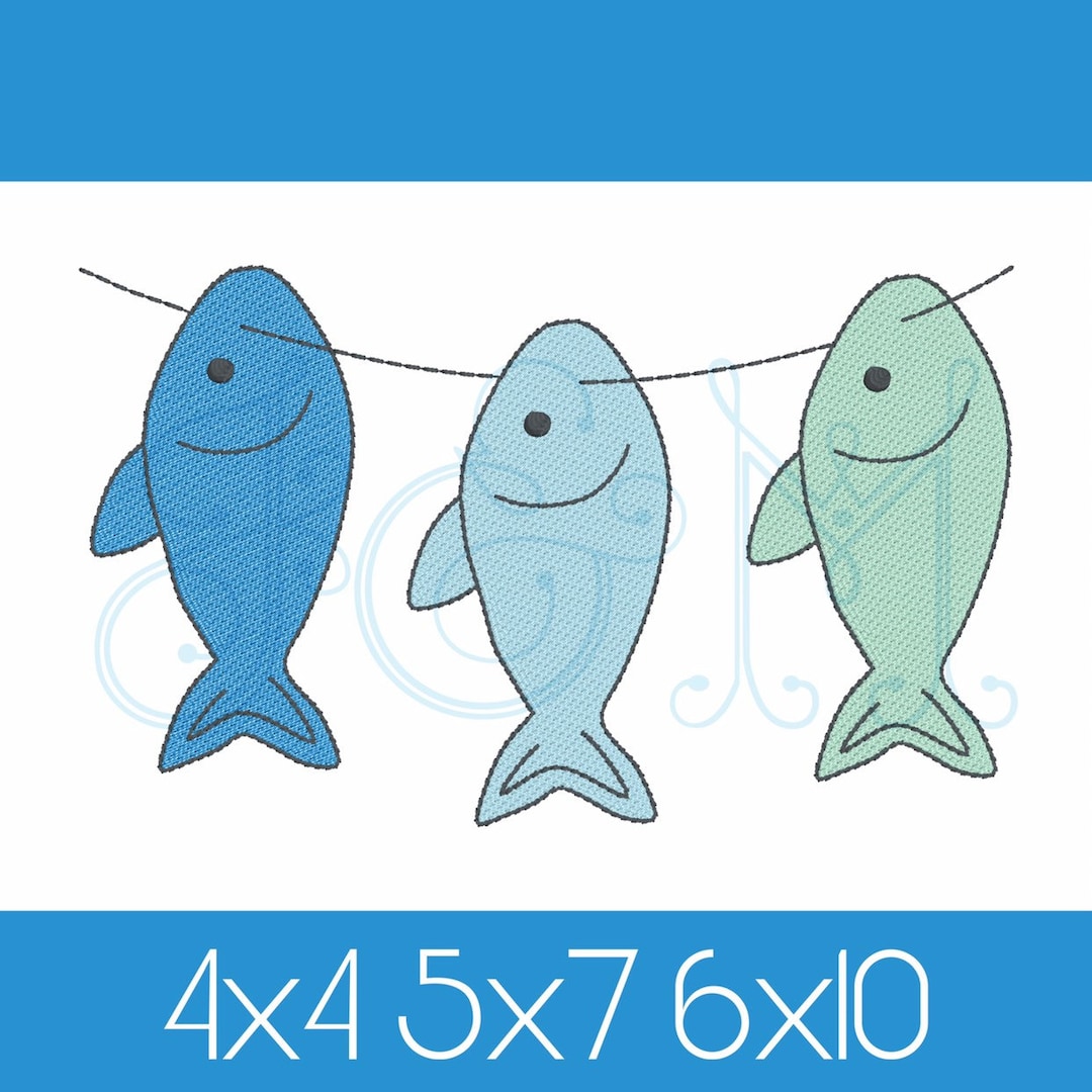 Fish Hanging on a Line Trio Three in a Row Sketch Fill Bean Stitch ...
