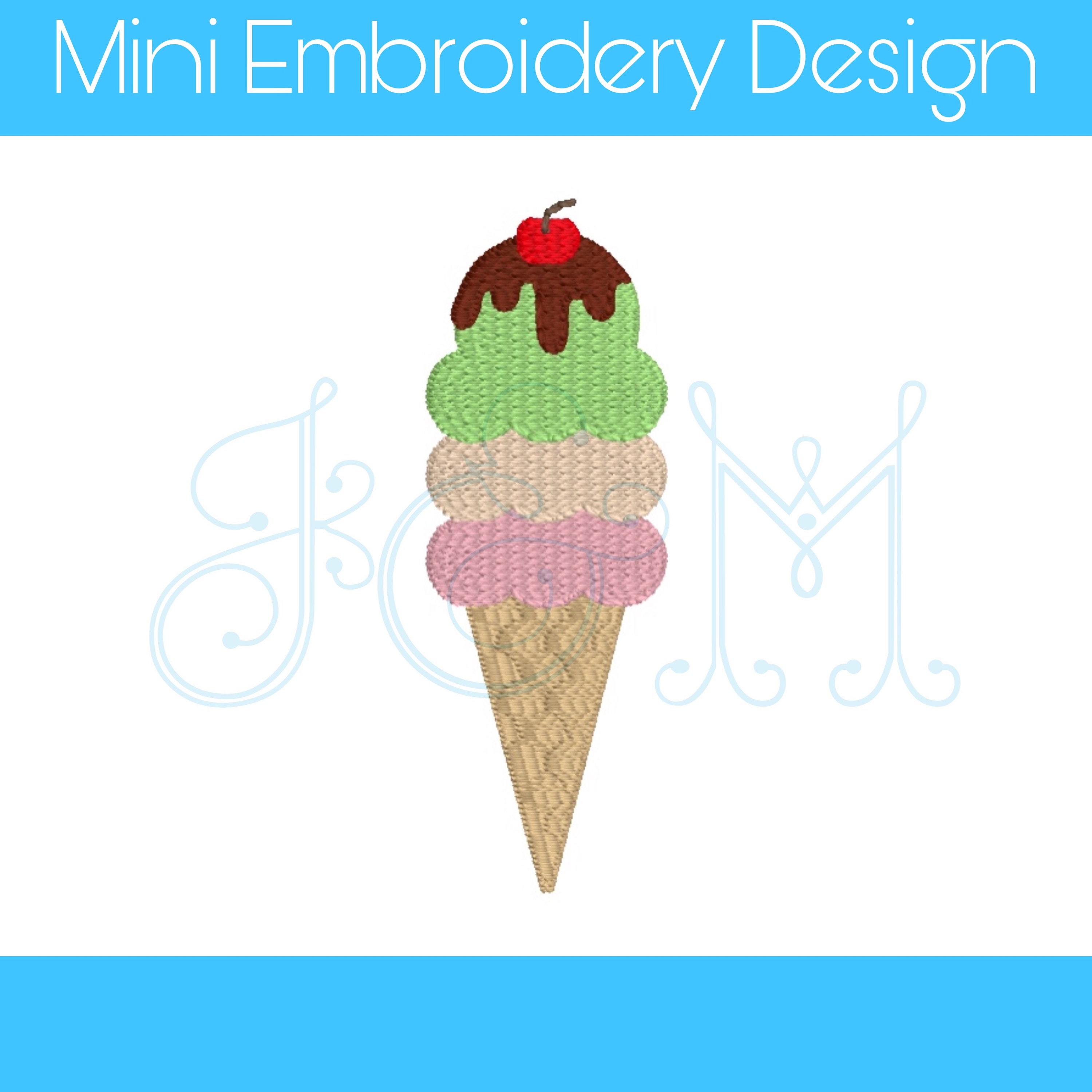 Triple Scoop Ice Cream Cone With Chocolate Syrup And Cherry Etsy