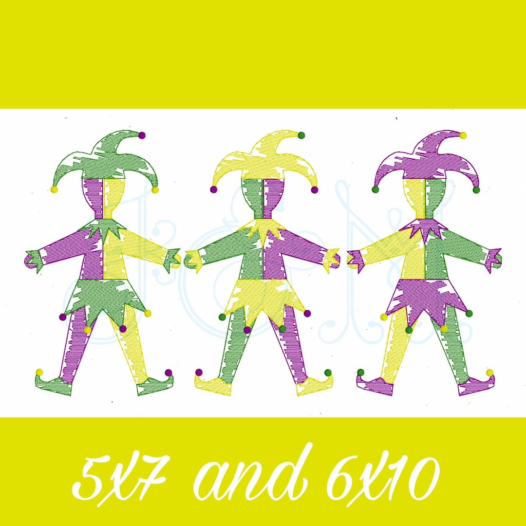 Mardi Gras Jester Paper Doll Chain Trio Line of Three Row Sketch ...