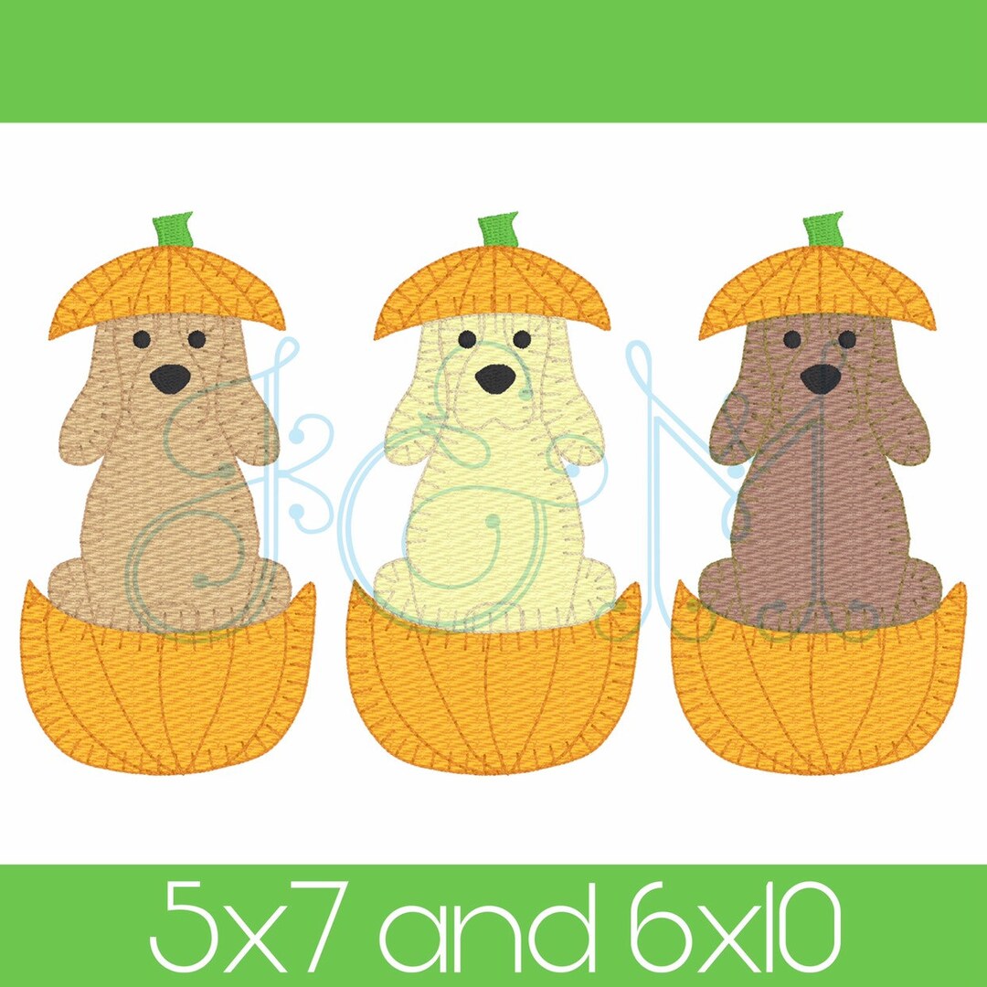Halloween Fall Puppy Dogs Trio Three in A Row in Pumpkin Blanket Stitch ...