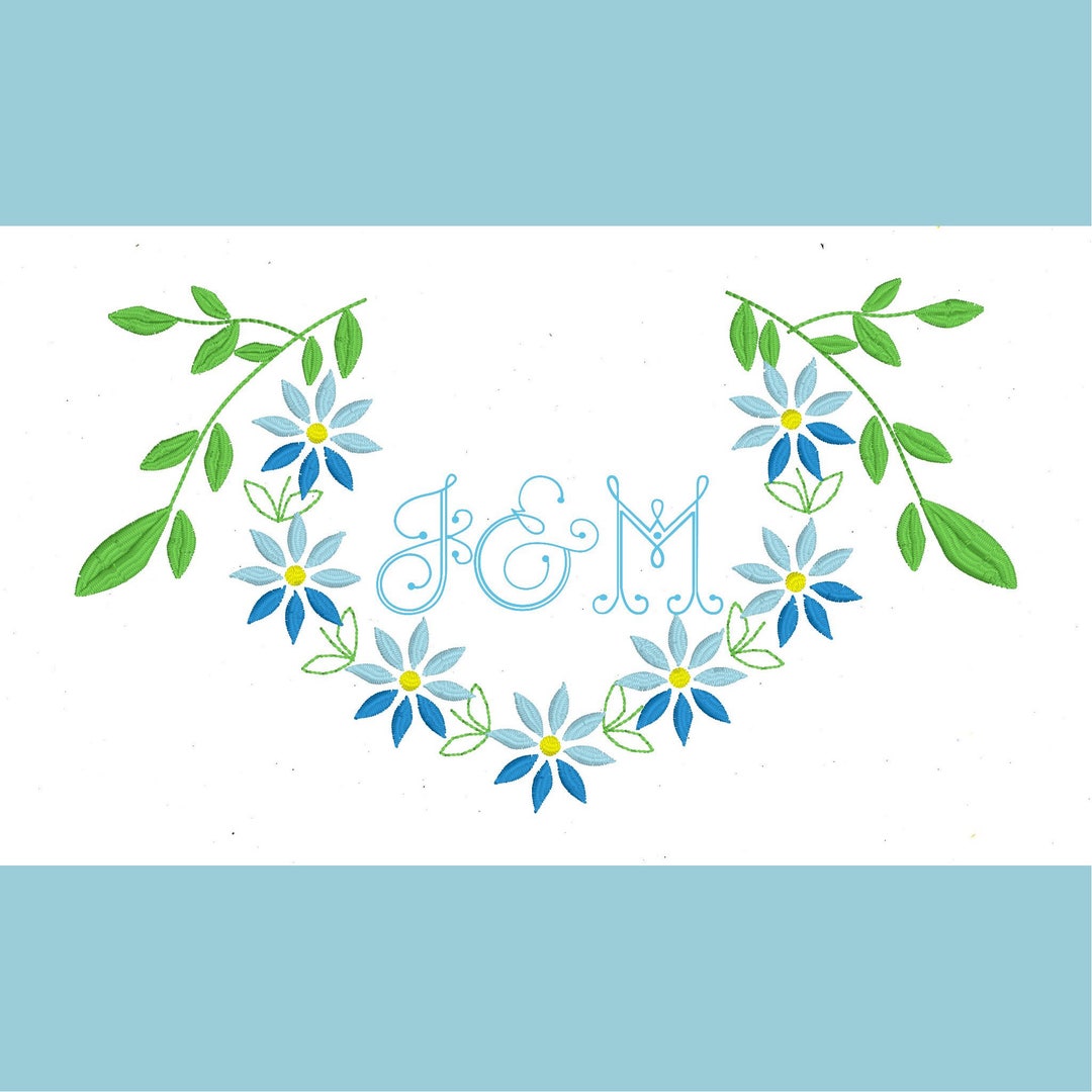 Floral Wreath Monogram Frame Vintage Style Satin Column Fill Stitch ...