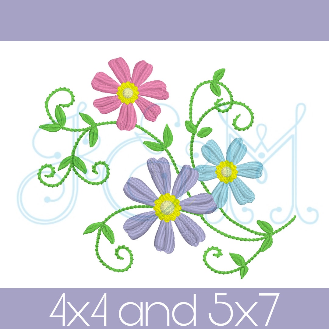 Three Flower Swirl Floral Swash Border Satin Stitch and Bean Stem ...