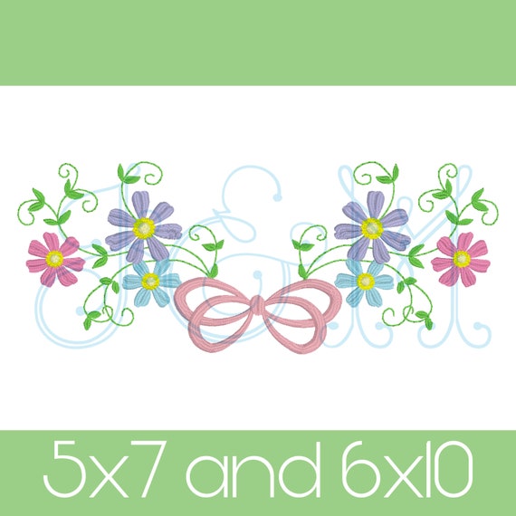 Six Flower Swirl Floral Swash Border With Bow Satin Stitch and - Etsy