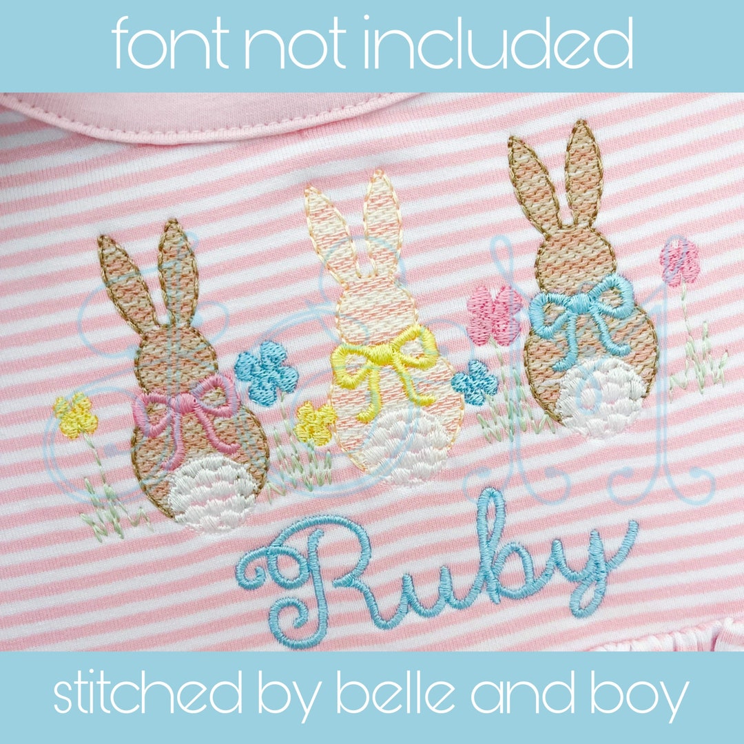 Girly Cottontail Easter Bunnies Line of Three With Bows and Flowers ...