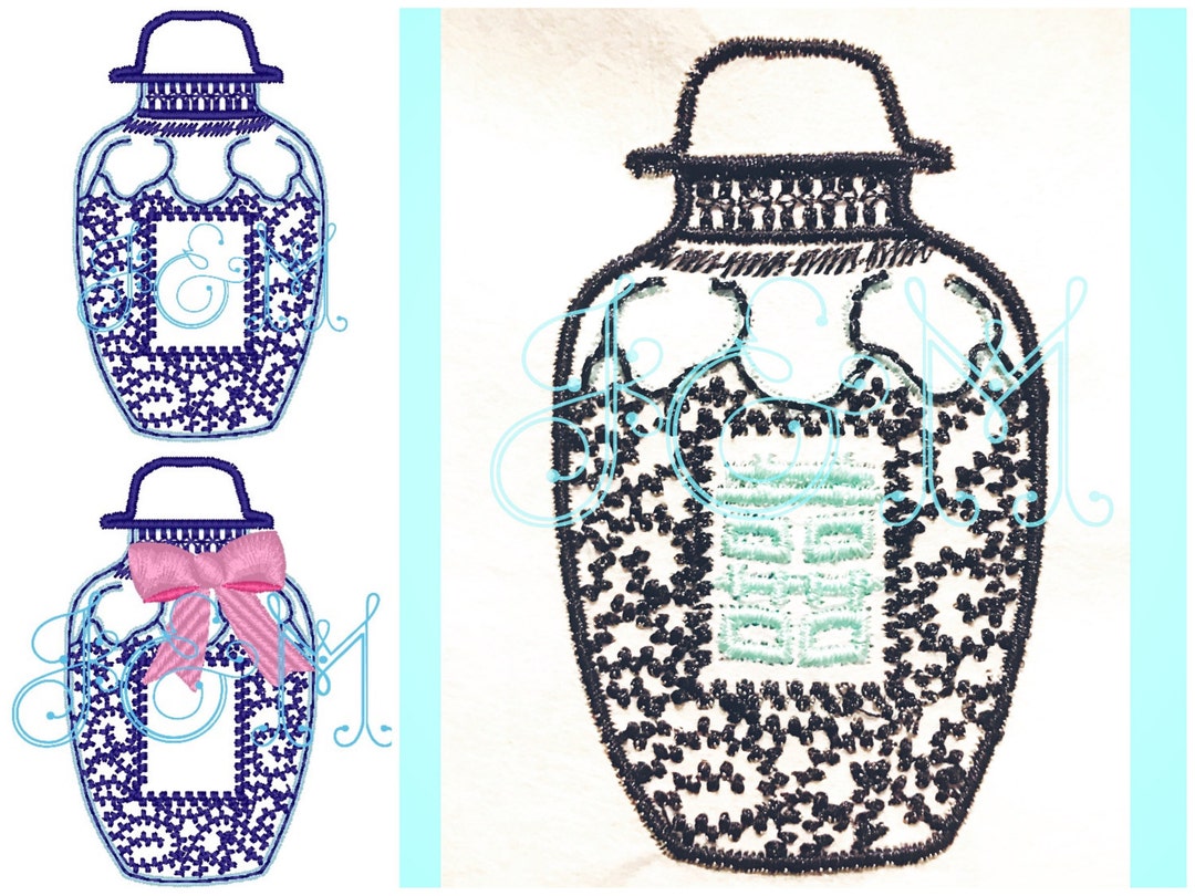 Ginger Jar Embroidery Design Trio - Monogram Frame, Jar With Bow, and ...