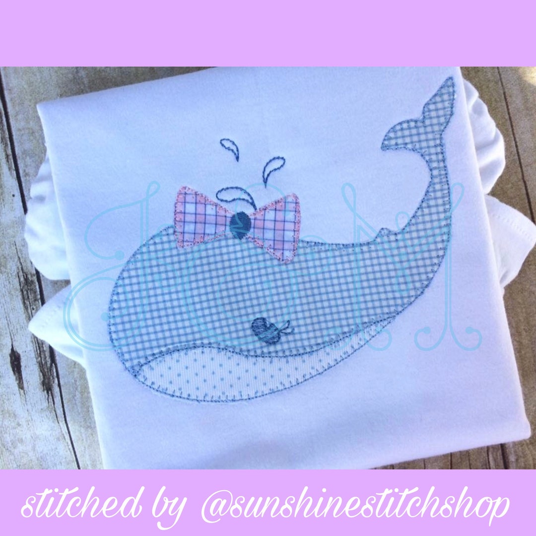 Girly Whale With Bow Blanket Stitch Applique Vintage Style Machine ...