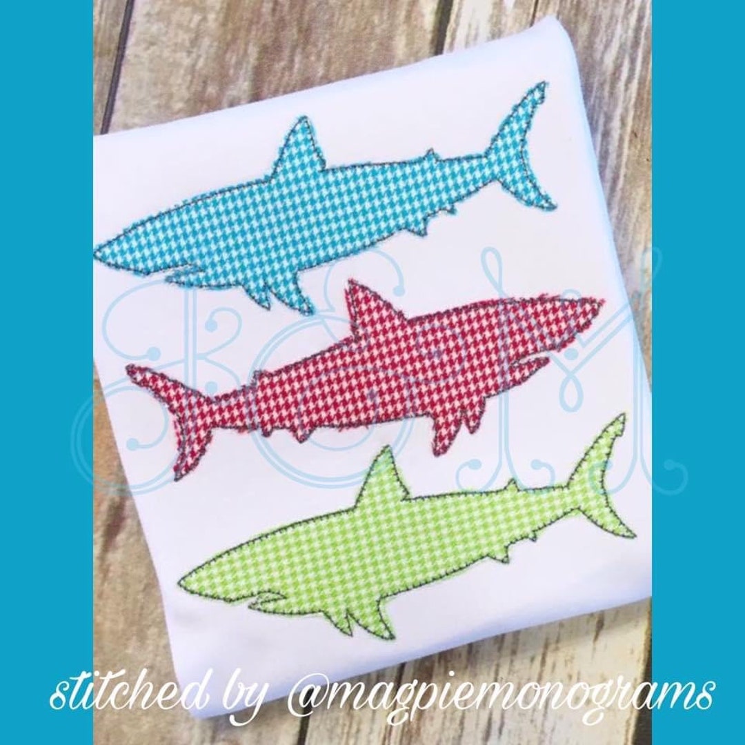 Stitchy Shark Trio Vintage Stitch Blanket Stitch Applique Embroidery ...