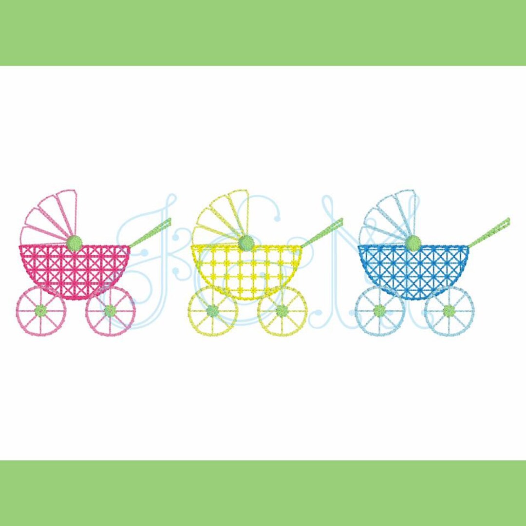 Pram Baby Carriage Stroller Trio Line of Three Sketch Fill Bean Stitch ...