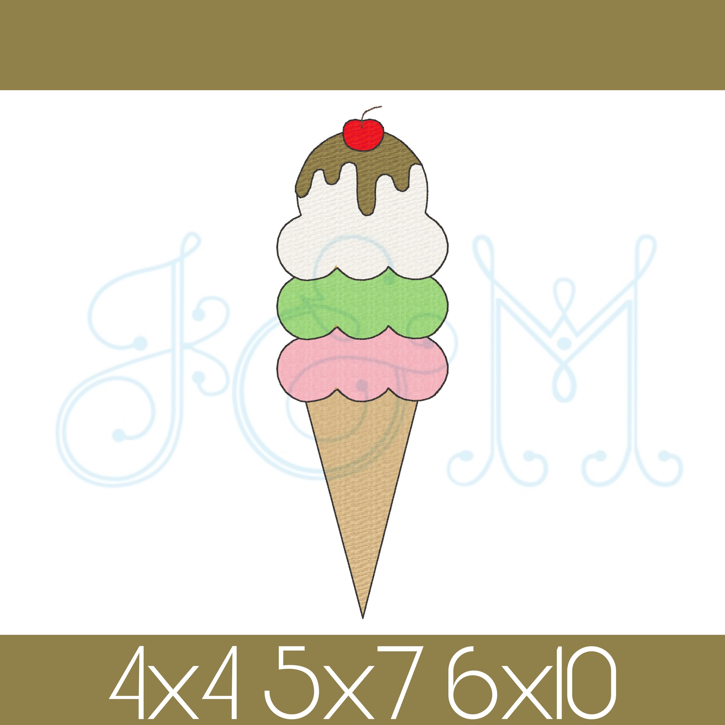 Triple Scoop Ice Cream Cone With Chocolate Syrup And Cherry Etsy