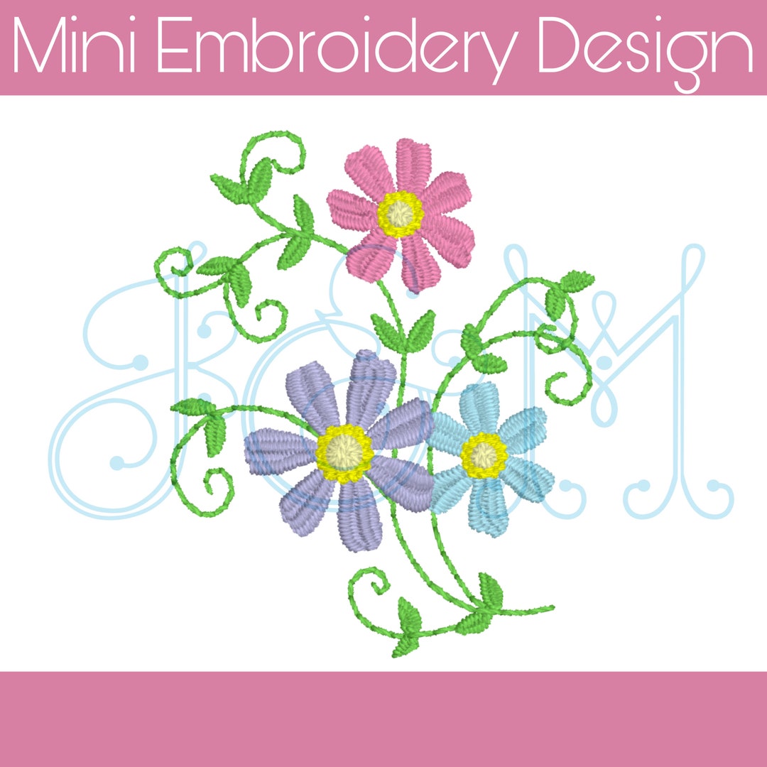 Three Flower Swirl Floral Swash Border Mini Motif Satin Stitch and Bean ...