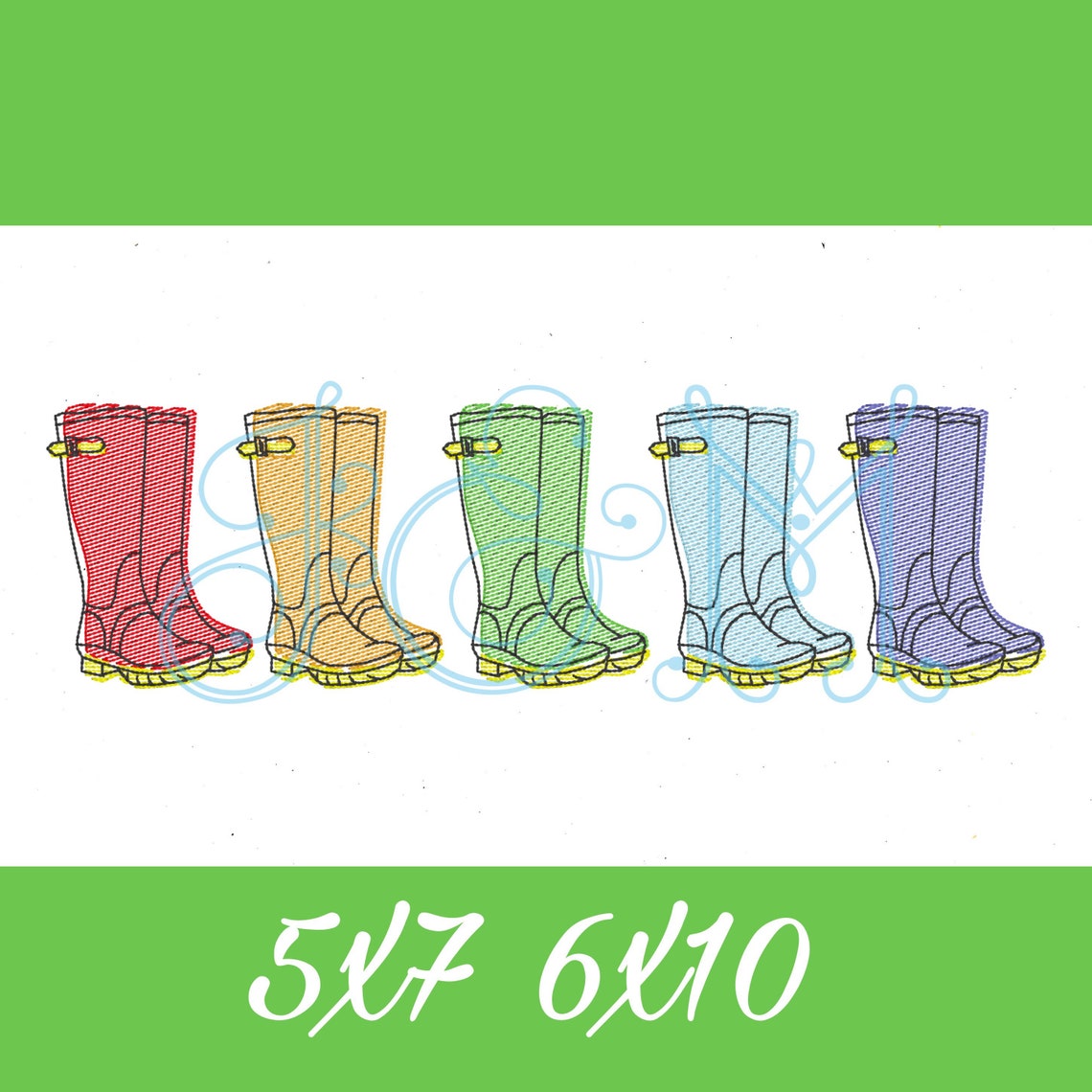 Rain Boot Rainbow Line Wellies Sketch Fill Quick Stitch Vintage Style ...