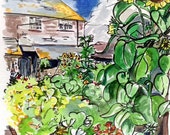 Items similar to Pen and wash sketch of Binham Grange kitchen garden ...