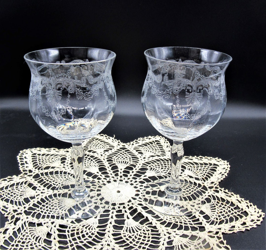 Set of 2 Depression Etched Wine Glasses W Scrolls & Hanging Bells ...
