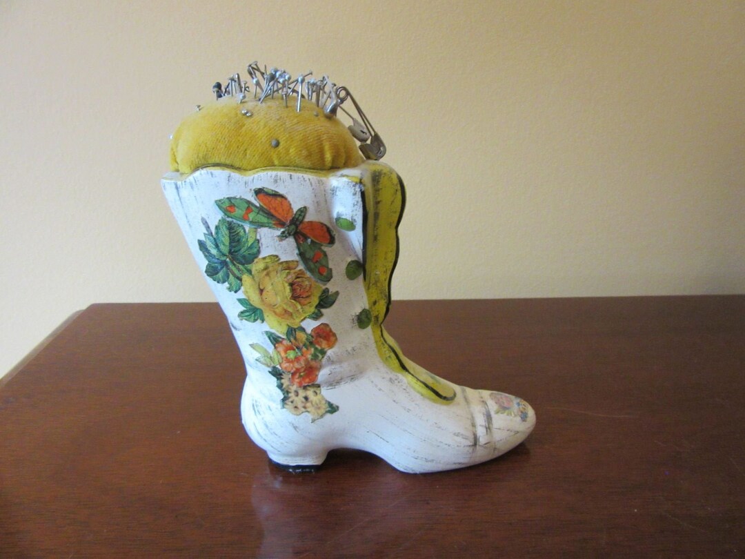 Vintage, Victorian Ladies Boot Pin Cushion Decoupage California, Cat ...
