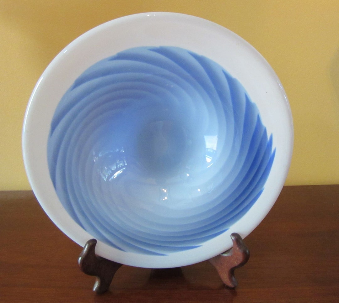 Stephen Woodruff Signed Blue & White Swirl Art Glass Console Bowl - Etsy