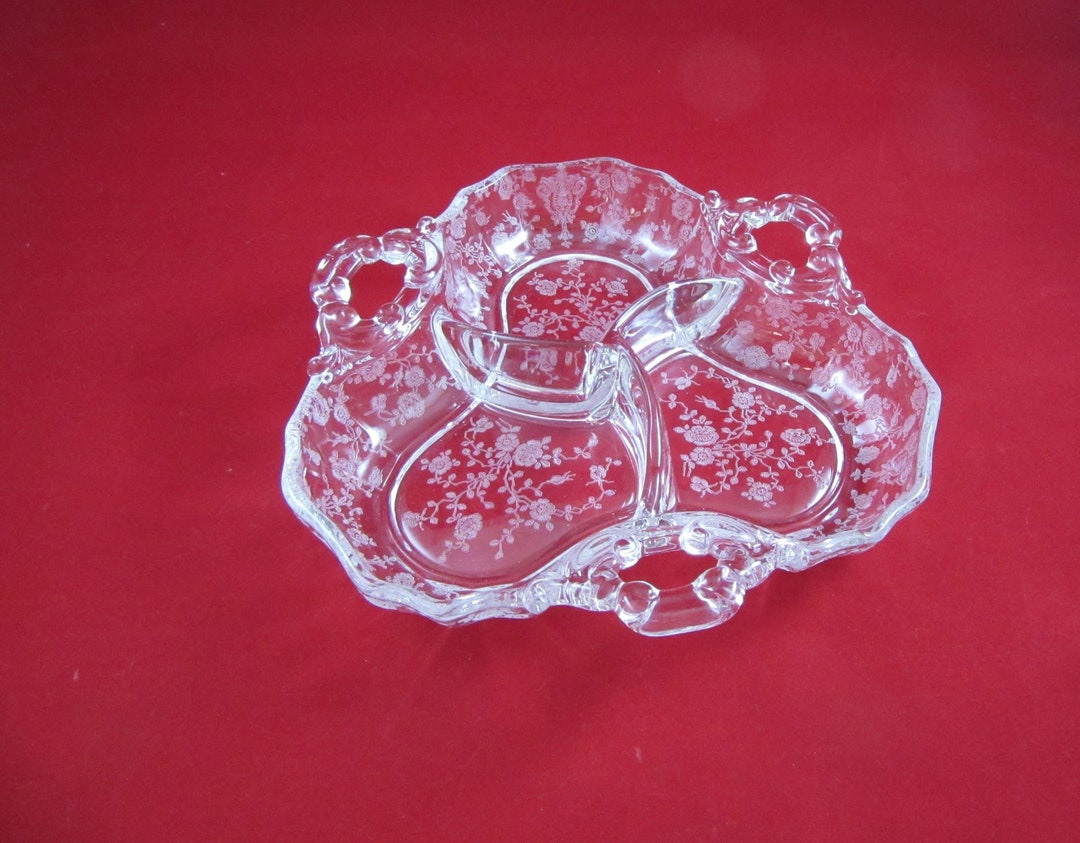 Cambridge Rose Point Clear Etched Glass 3-part Candy/relish Dish - Etsy