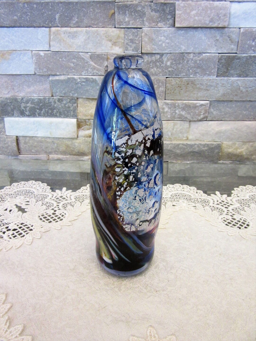 Vintage Signed Colleen Ott Hand Blown Art Glass Vase W Silver Foil, VGC ...