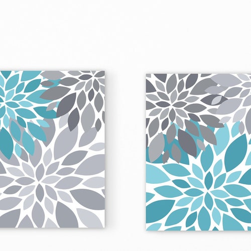 CANVAS ART or PRINTS Turquoise & Gray Flower Burst Wall Art - Etsy