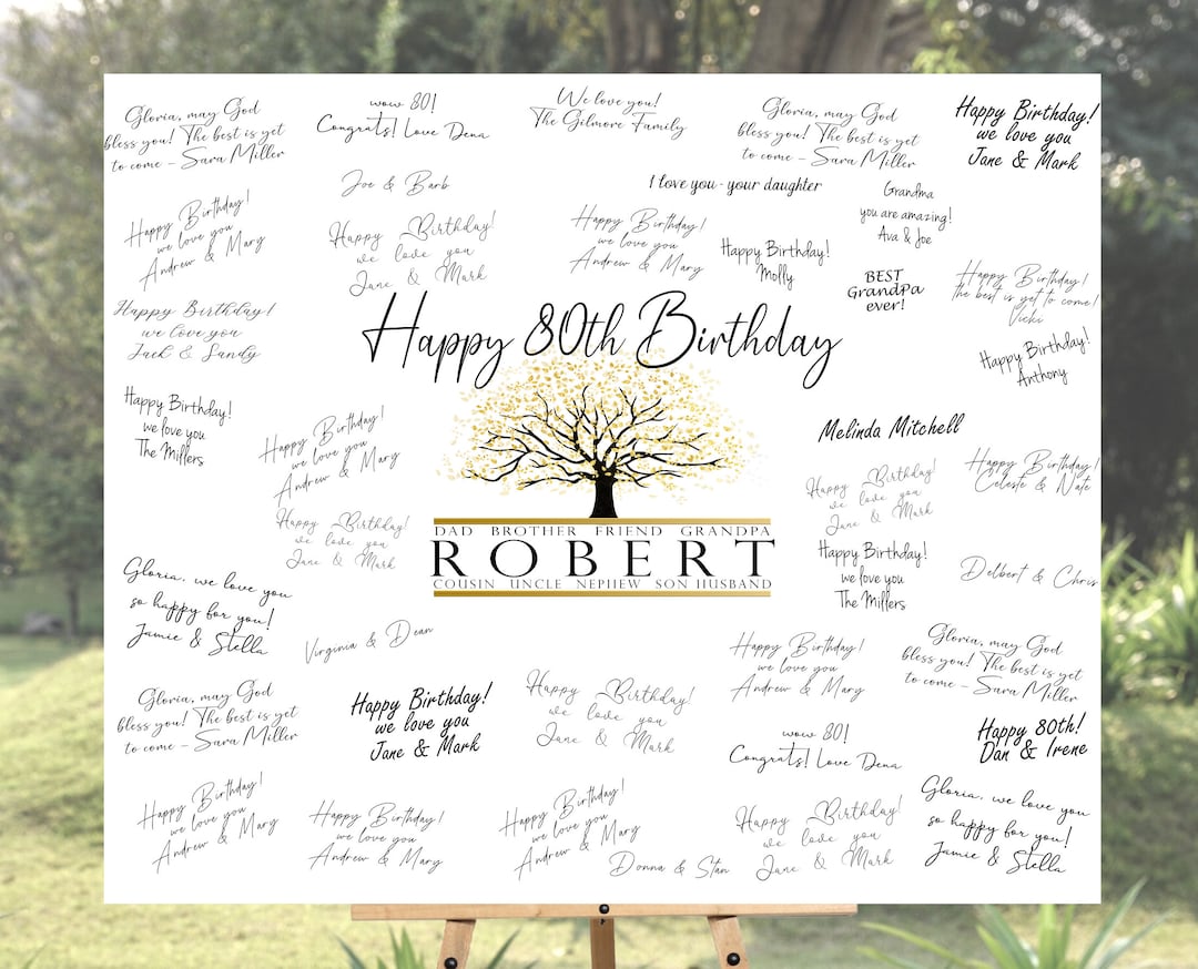 Birthday Guest Book Alternative Canvas 80th Personalized Name Gold Tree ...
