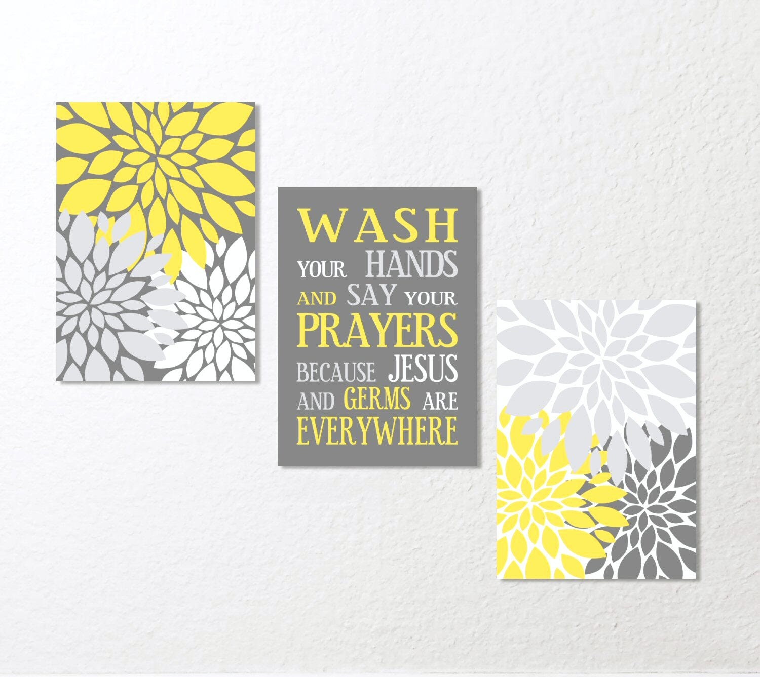 Bathroom Wall Art Set Wash Your Hands Germs Jesus Saying Flower CANVAS ...