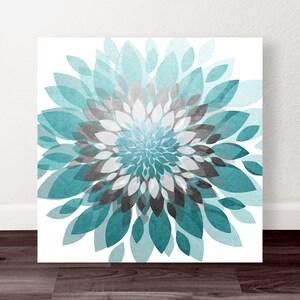Turquoise Gray SQUARE CANVAS Art, Large Abstract Flower, Wall Decor ...