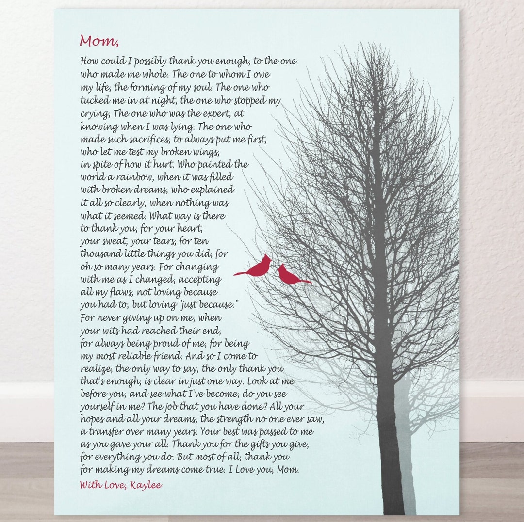 GIFT FOR MOM, Poem for Mother From Son or From Daughter, Cardinal Bird ...