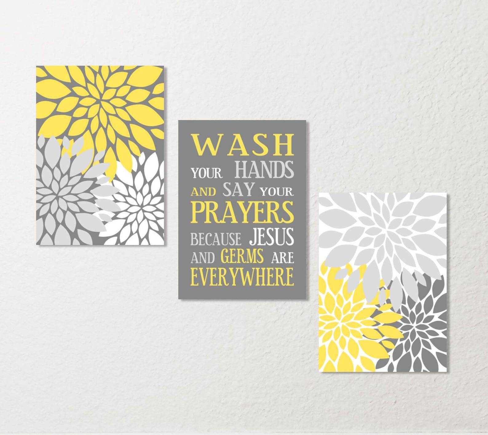 Bathroom Wall Art Set Wash Your Hands Germs Jesus Saying Flower CANVAS ...