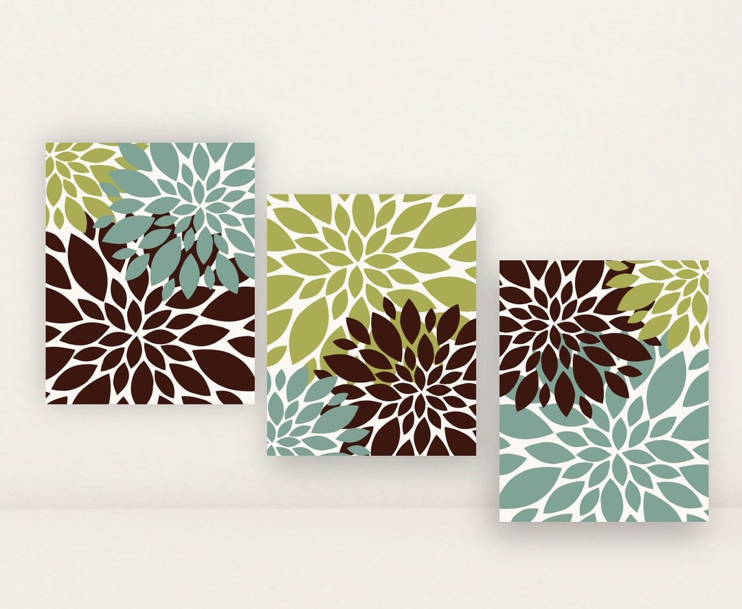Green Aqua Brown Home Decor Bathroom Wall Art Set or Bedroom Decor ...