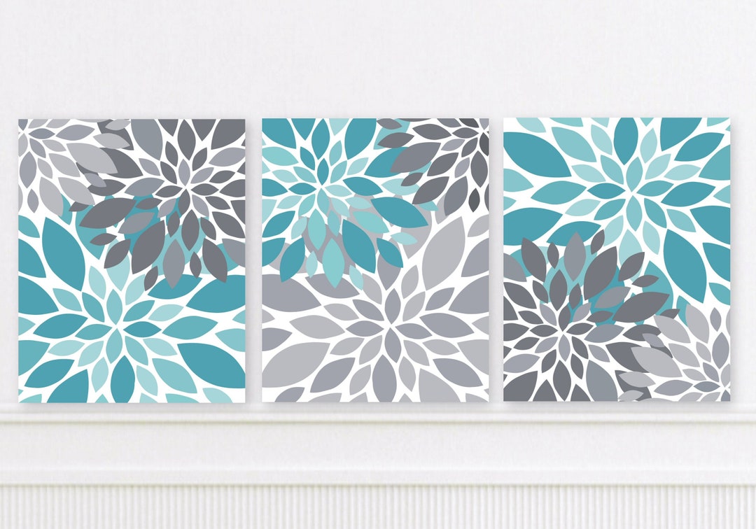 Turquoise Gray Flower Wall Decor Set, Bathroom Art, Prints OR Canvas ...