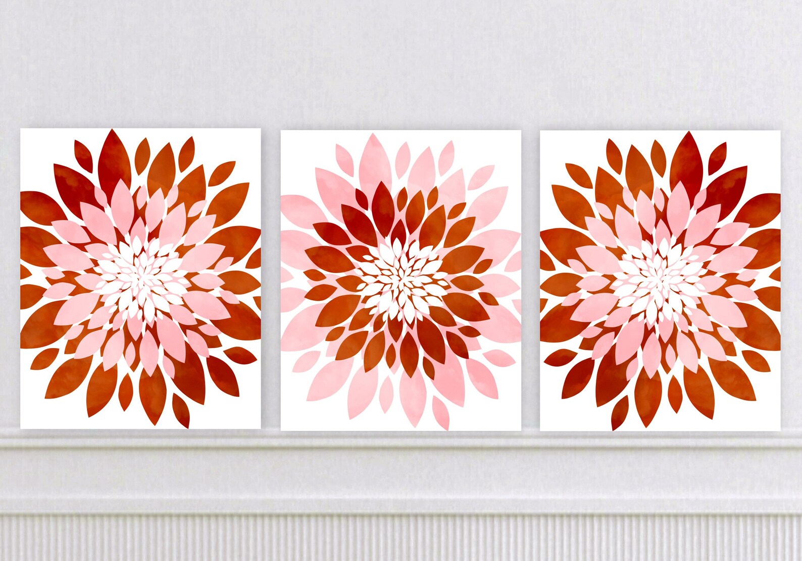 Rust Rose Pink Flowers Set of 3 Canvas or Prints Bathroom - Etsy