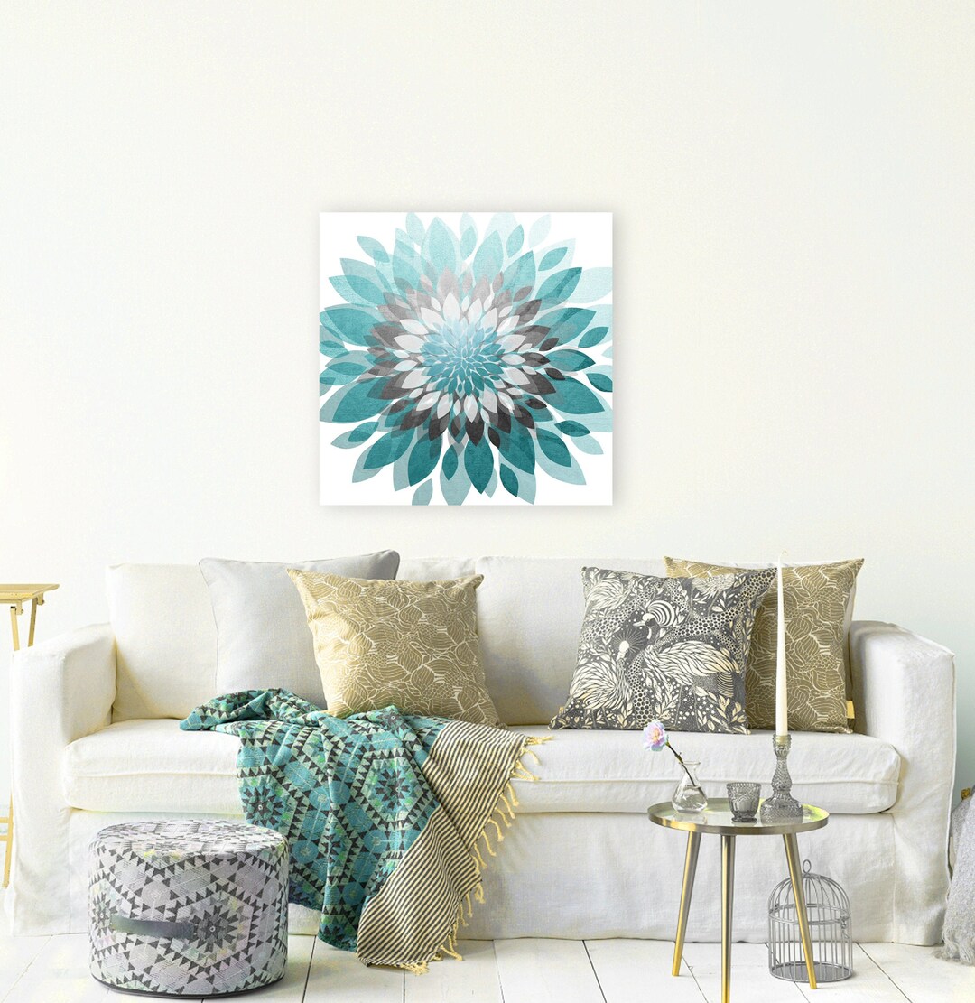 Turquoise Gray SQUARE CANVAS Art, Large Abstract Flower, Wall Decor ...