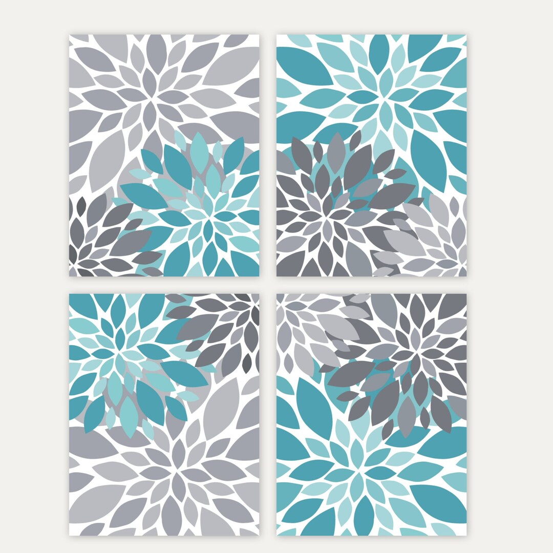 Turquoise Gray Art Print Home Decor Gallery Set Modern Wall Decor ...