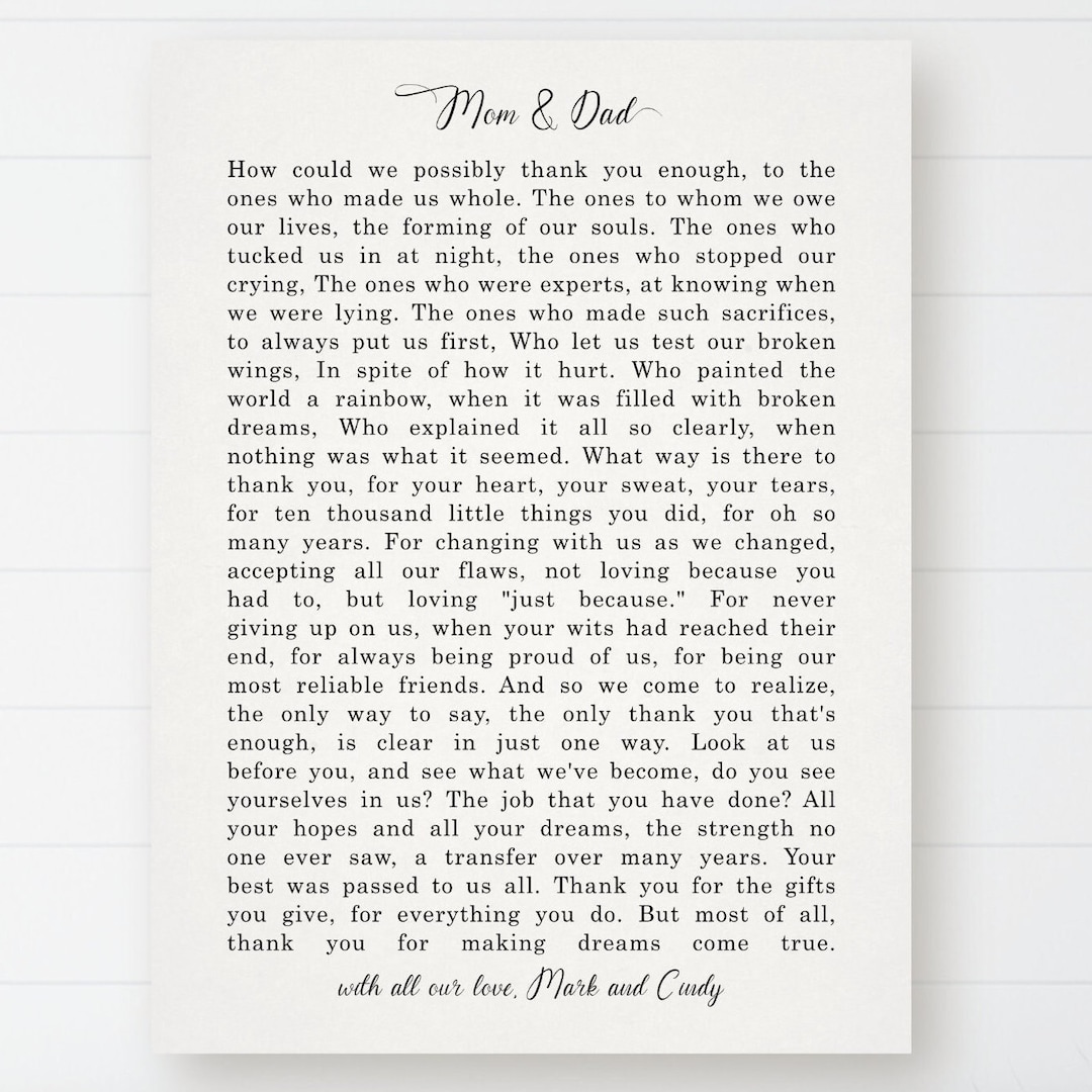 Gift for Parents Sentimental Poem From Kids, Annivesary Gift for Mom ...