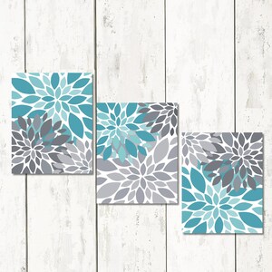 Turquoise Gray Flower Wall Decor Set, Bathroom Art, Prints OR Canvas ...