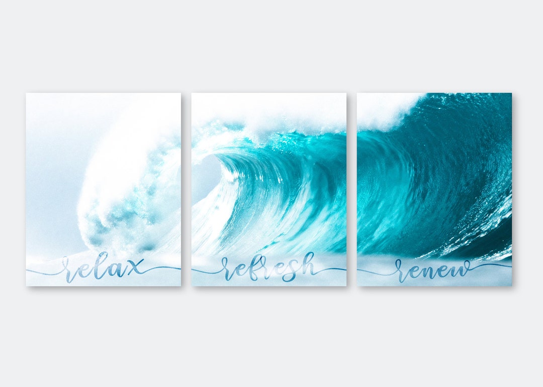 OCEAN Bathroom Wall Art, Relax Refresh Renew, Set of 3, Blue Beach ...