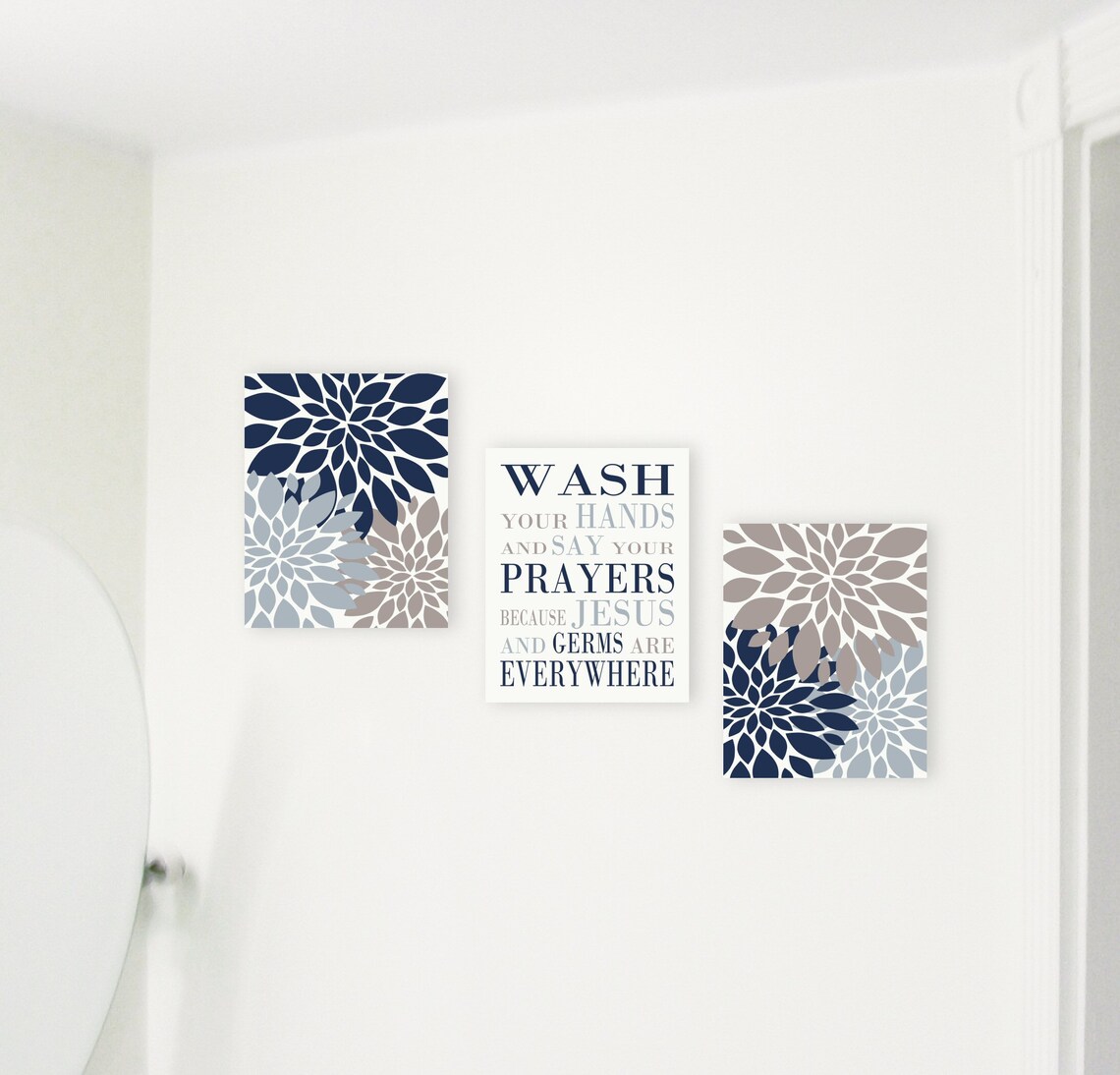 BLUE BROWN Wash Your Hands Art Bathroom Wall Decor Set Germs - Etsy
