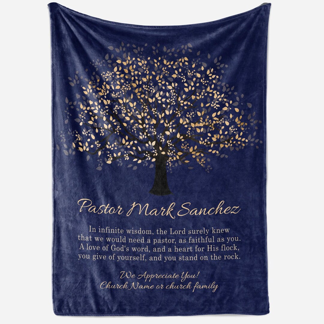 Personalized Pastor Appreciation Blanket: Navy Blue & Gold Tree Poem - Etsy