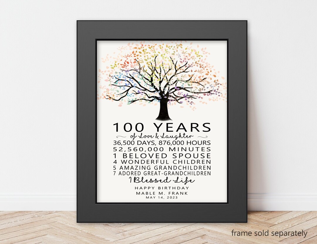 100th BIRTHDAY GIFT Personalized 100 Years Happy Birthday Tree Parent ...