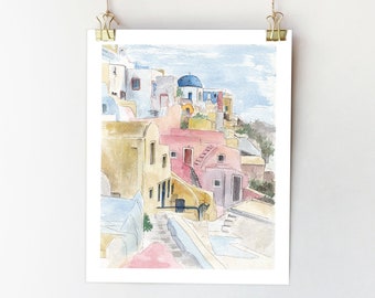 Santorini art print Santorini painting. Greece wall art. | Etsy