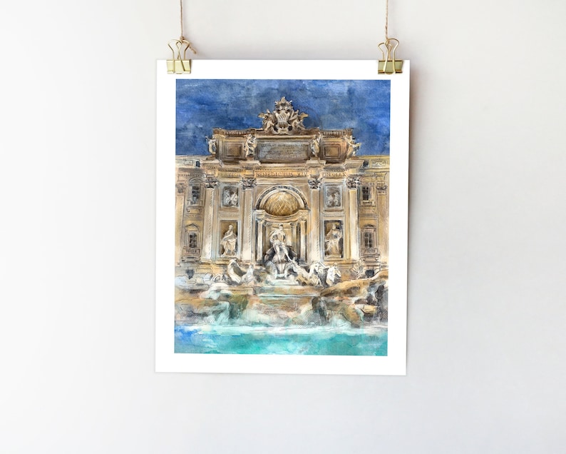 Trevi Fountain Night Print: Rome Italy Watercolor Sketch - Etsy