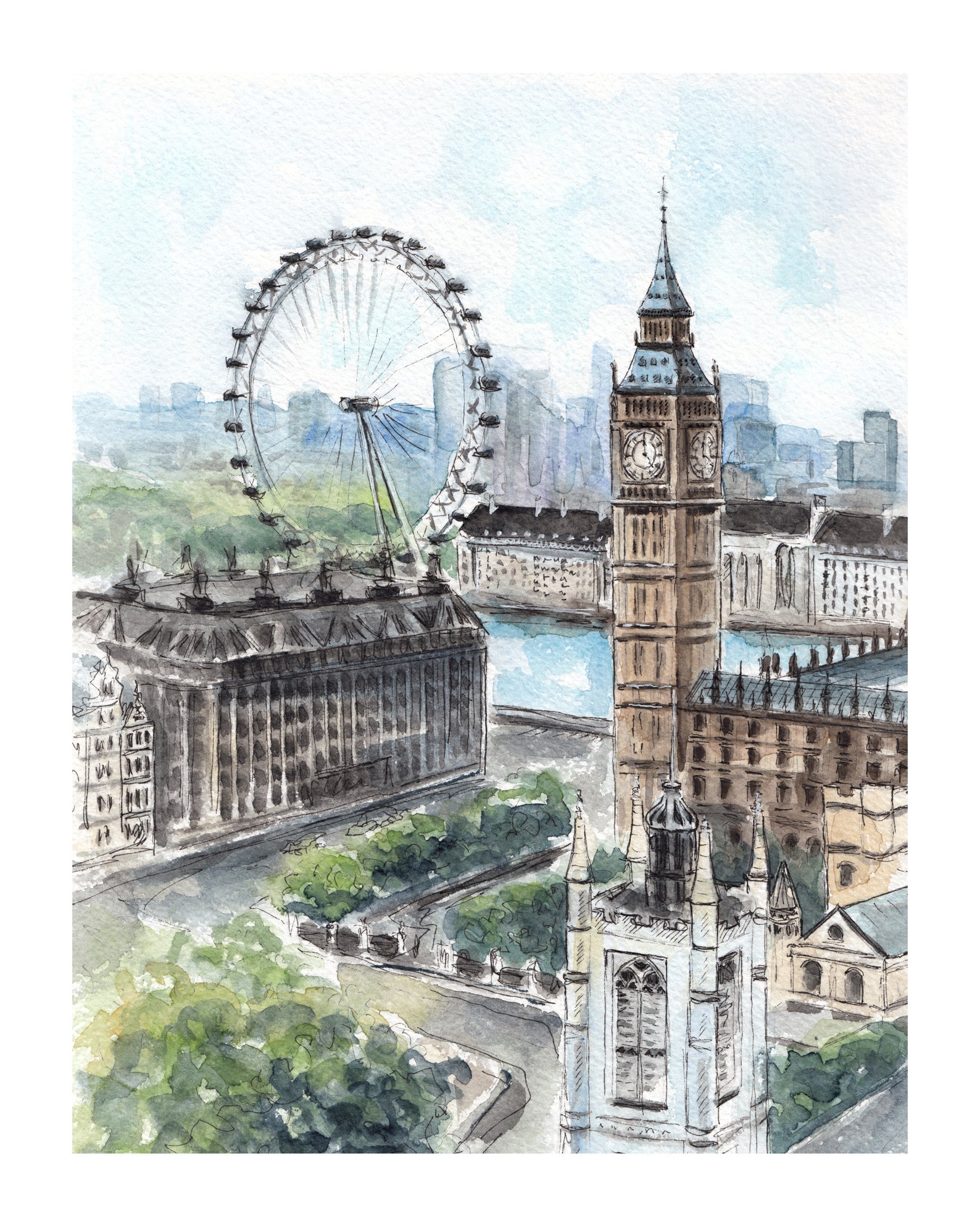 London Print. London Wall Art. London Watercolor Painting. London Eye ...