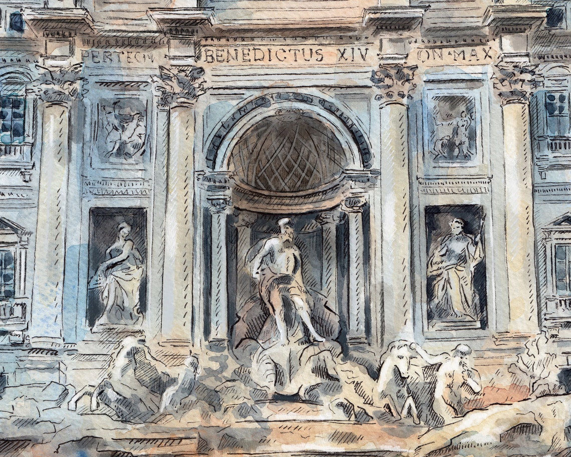 Rome Print Trevi Fountain Art Italy Wall Art Rome Sketch Rome - Etsy