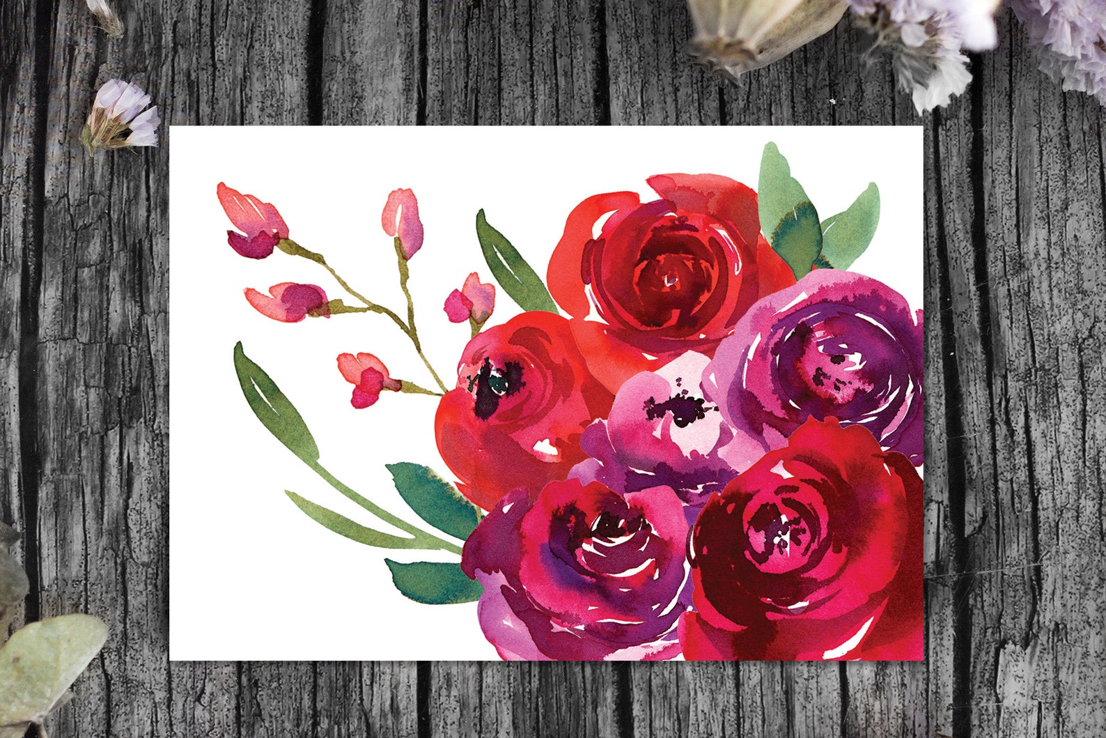 Red Roses Greeting Card Watercolor Print Blank Inside. | Etsy