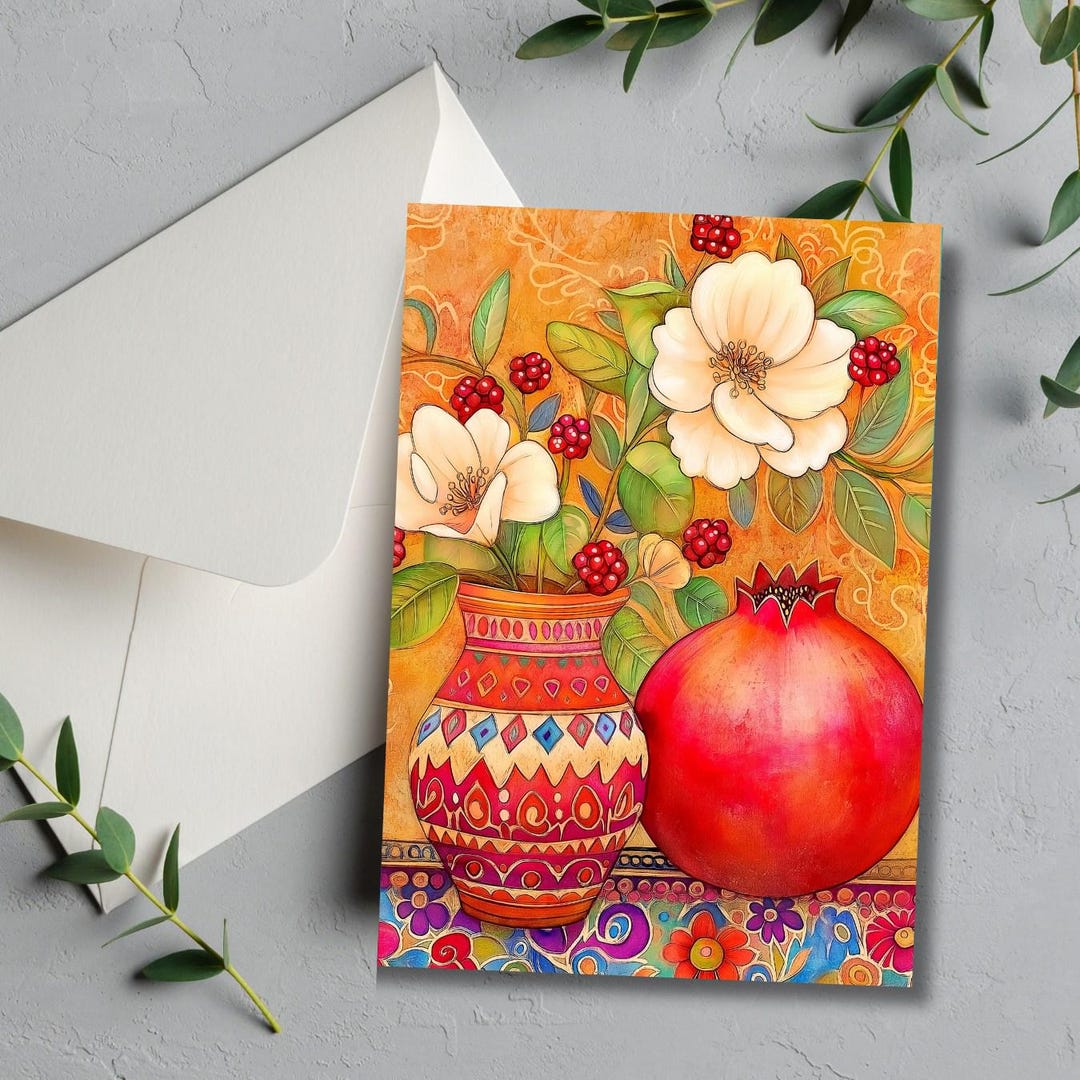 Pomegranate Greeting Card With Envelope - Pomegranate With Flowers ...