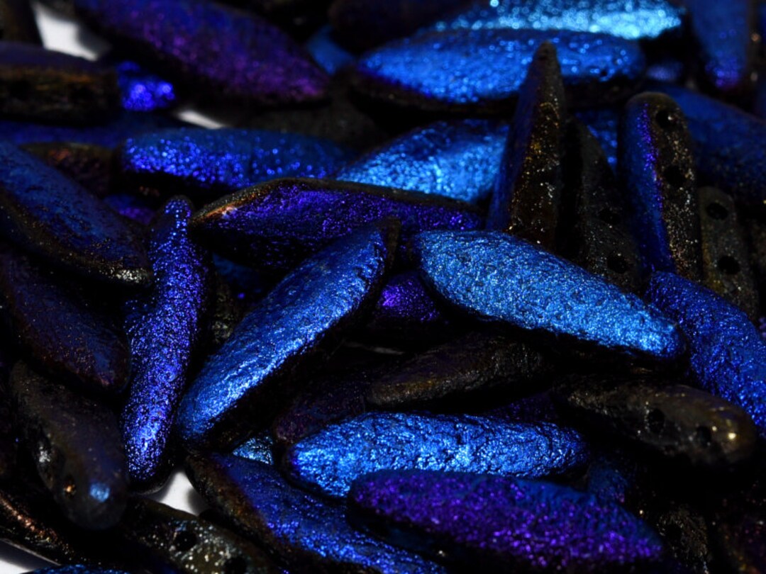 100 Pcs 2-hole Dagger Beads 5x16 Mm, Jet Etched Azuro Full (23980/22283), Czech Glass (amkt052 ...