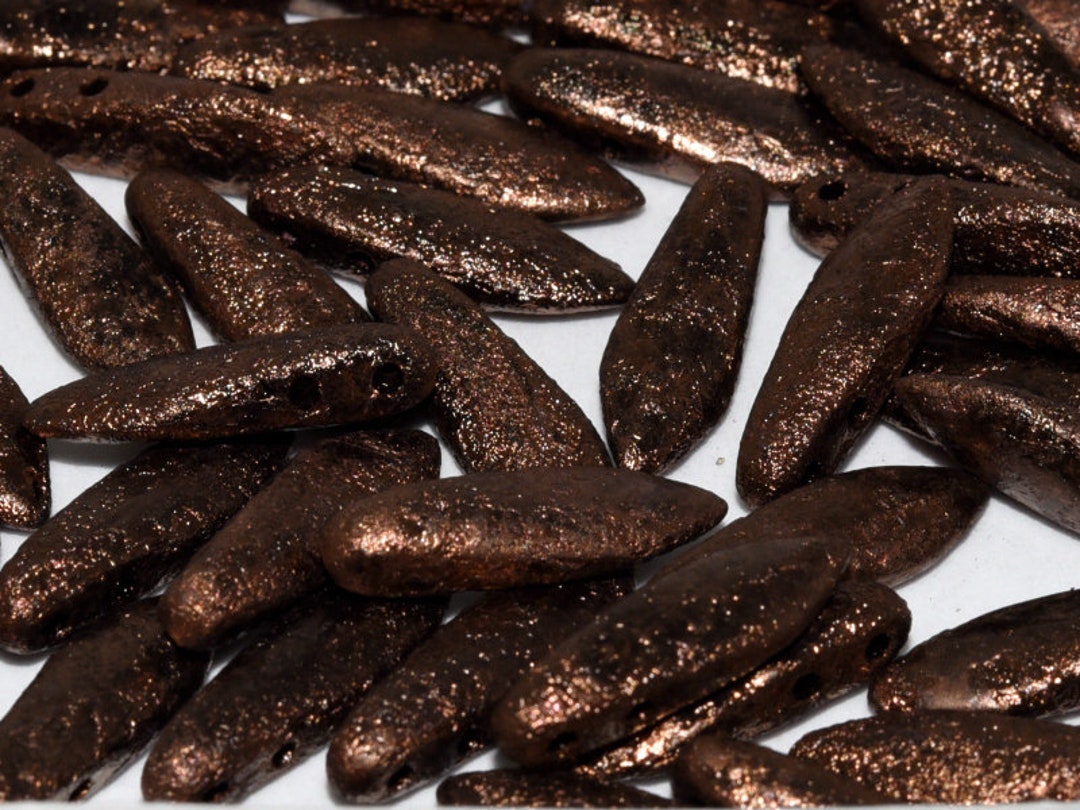 100 Pcs 2-hole Dagger Beads 5x16 Mm, Jet Etched Bronze (23980/14415E), Czech Glass (amkt051-100p ...