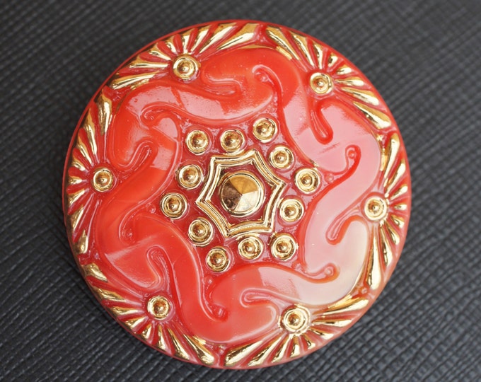 Hand Made Art Czech Glass Buttons Size 18, 40.5mm Red Opal Gold 1pc ...