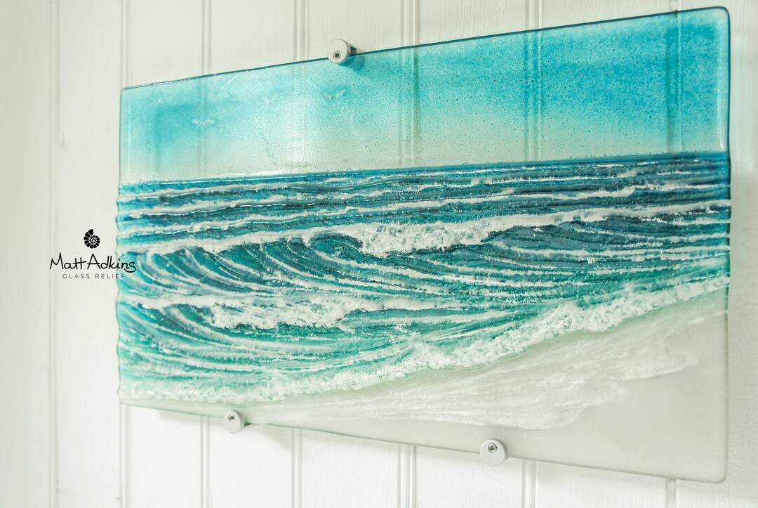Wave Fused Glass Wall Art 44x26cm17x10, Turquoise Blue Sea Glass Wave ...