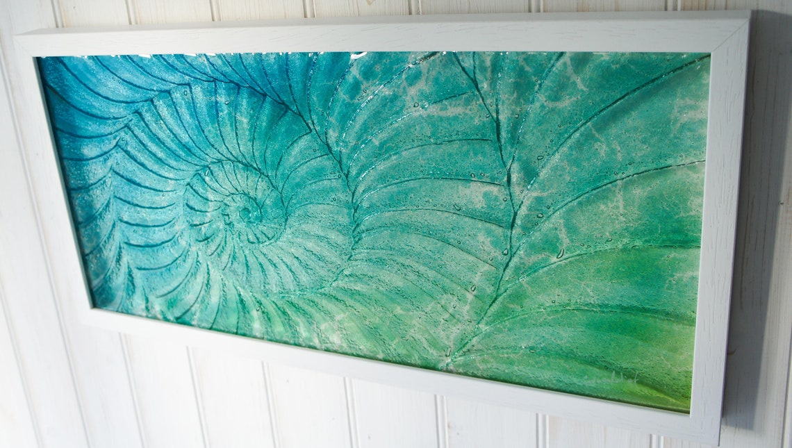 Large Ammonite Wall Art 60x30cm(23"x12"), Lime Green Turquoise Blue ...